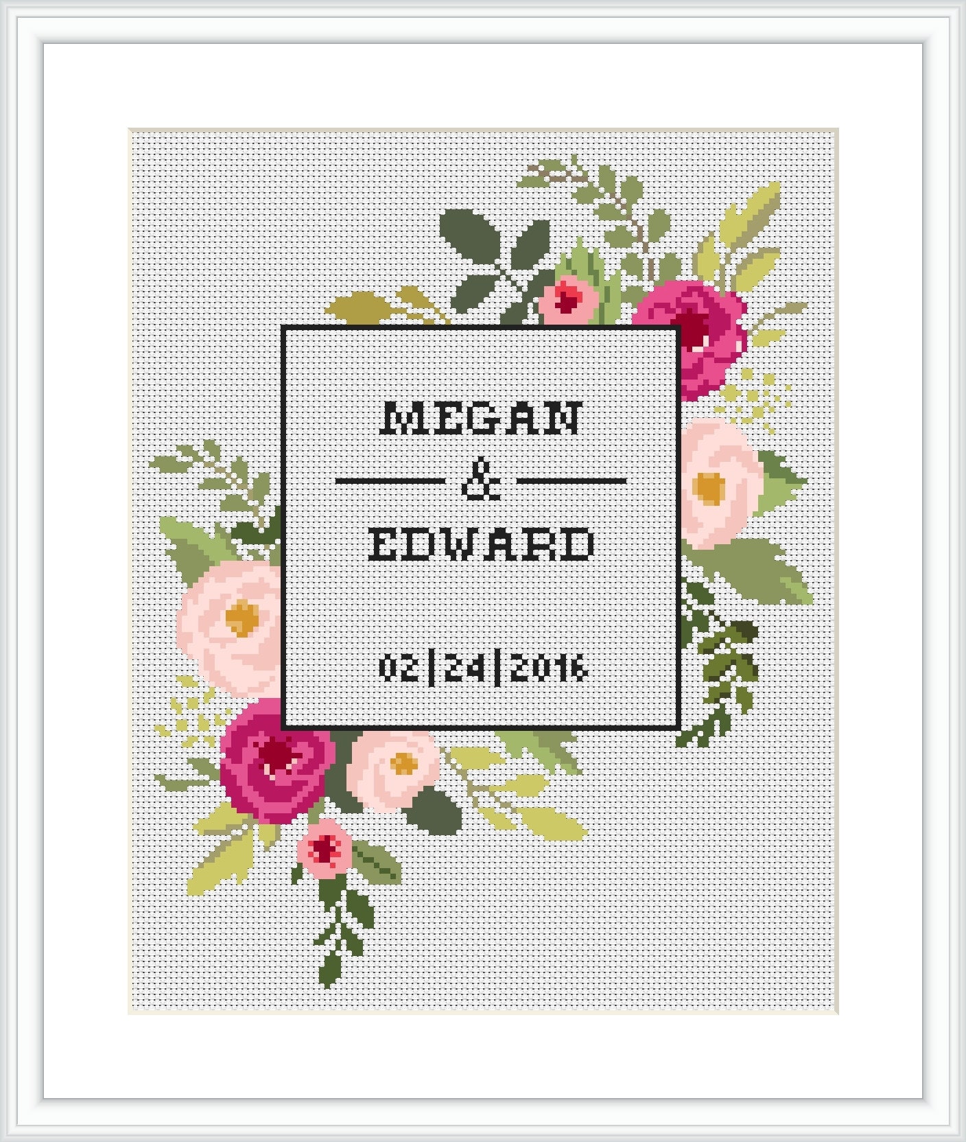 Personalized Wedding Cross Stitch Pattern Green Wreath Wedding | Etsy