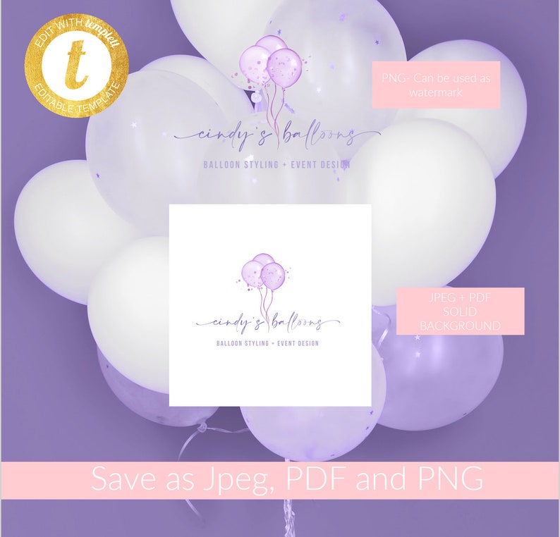 Balloon Logo, Purple Balloon Logo, Diy Branding, Logo Template - Etsy