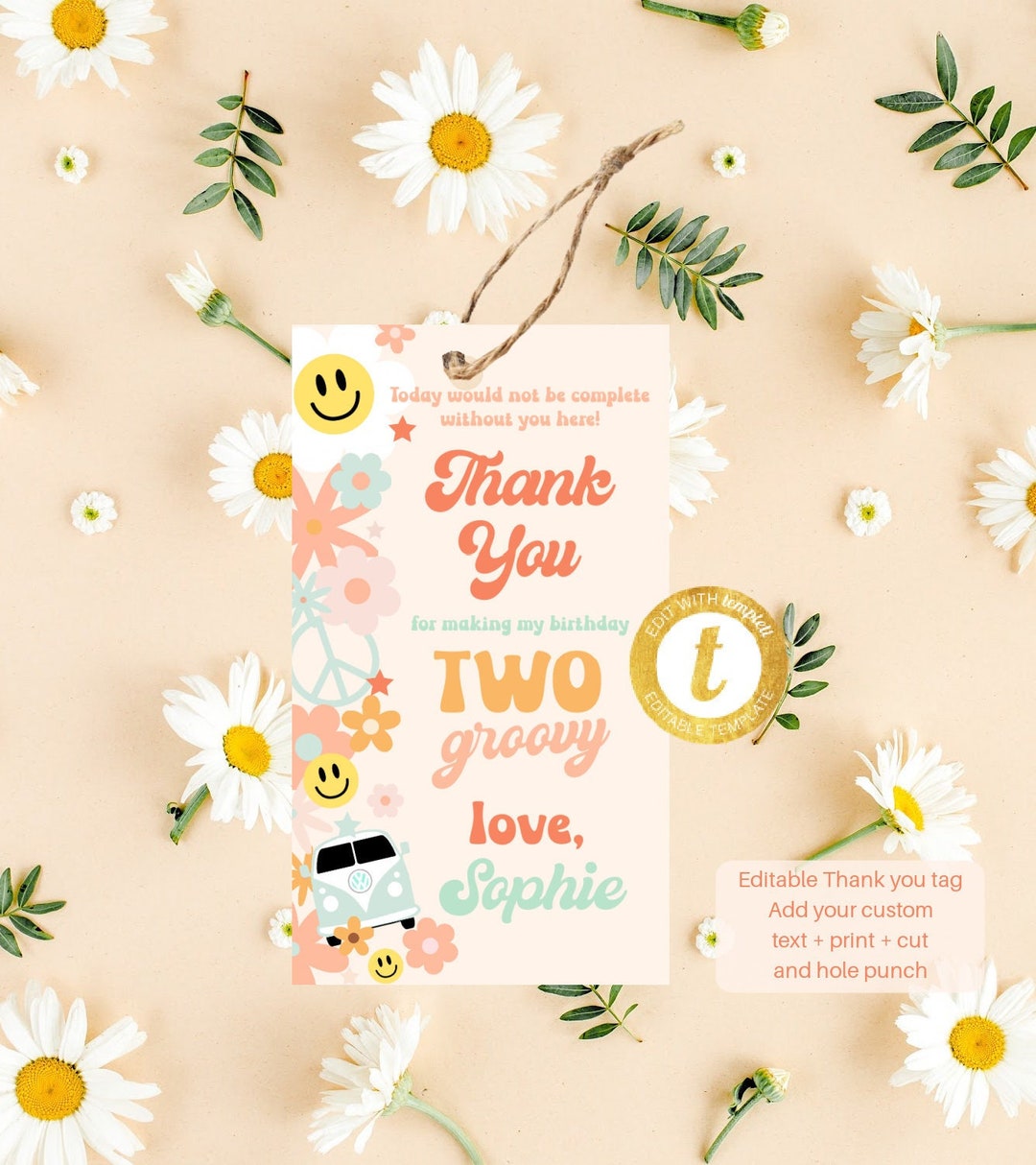 Two Groovy Birthday Thank You Tag, Editable Template (digital Download ...