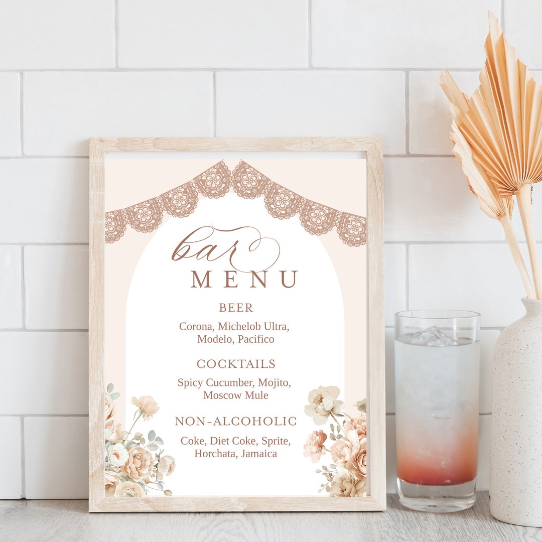 Bar Menu Printable Sign, Bar Menu, Fiesta Drinks Menu, Papel Picado Bar ...