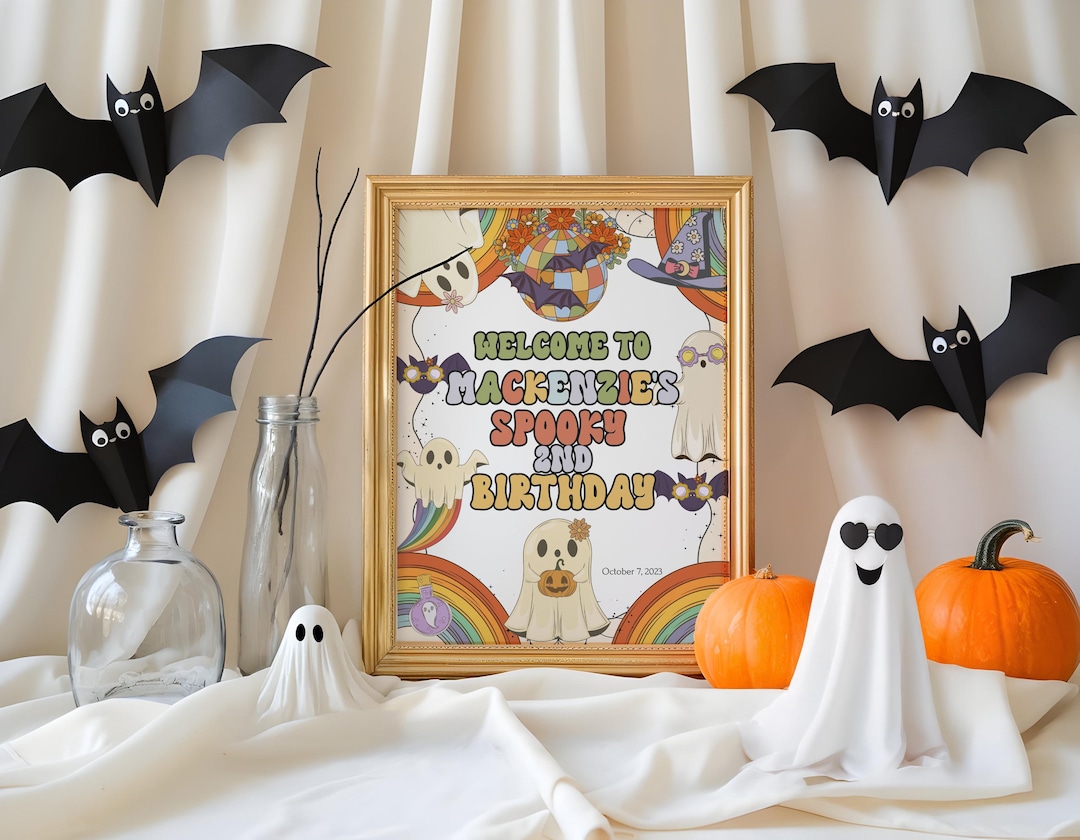 Two Spooky Halloween Birthday Welcome Sign, Groovy Ghosts Welcome ...