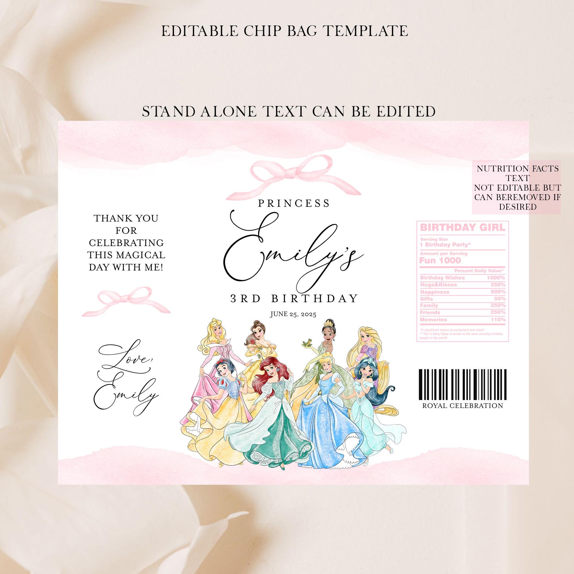Princess Chip Bag File Template, Birthday Chip Bag Editable Template ...