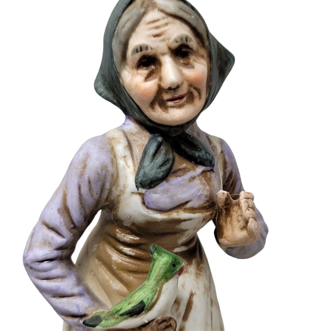 Vintage Grandmother Figurine With Bird & Walking Stick - Etsy