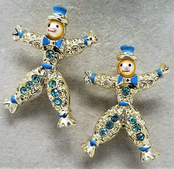 Vintage Clown Pins Matched pair Blue Rhinestone Pearl face | Etsy