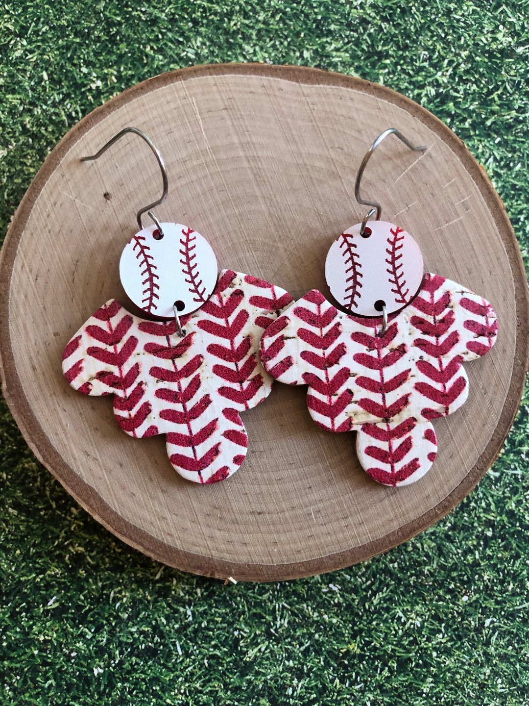 Baseball Leather Backed Cork With Acrylic Circle Earrings, Mixed Media ...