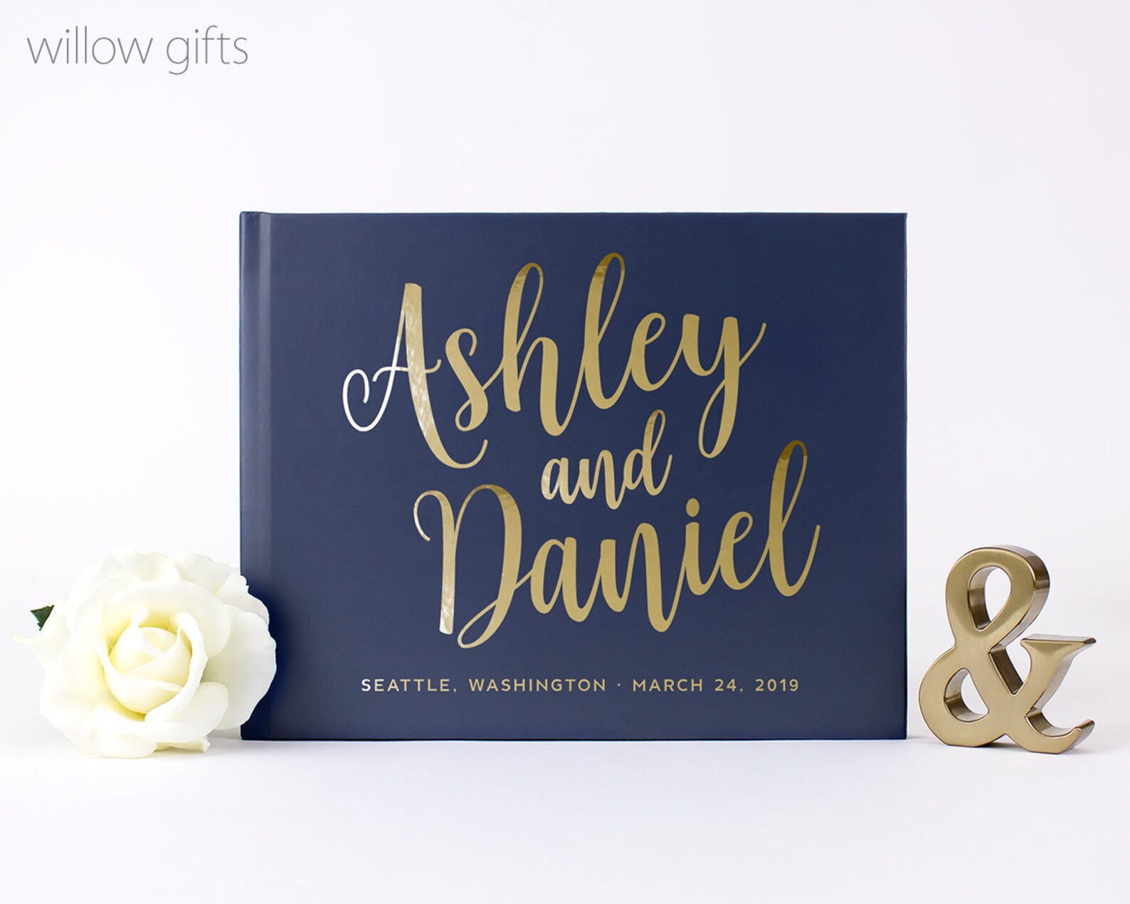 Calligraphy Wedding Guest Book, Custom Wedding Guestbook, Navy and Gold ...