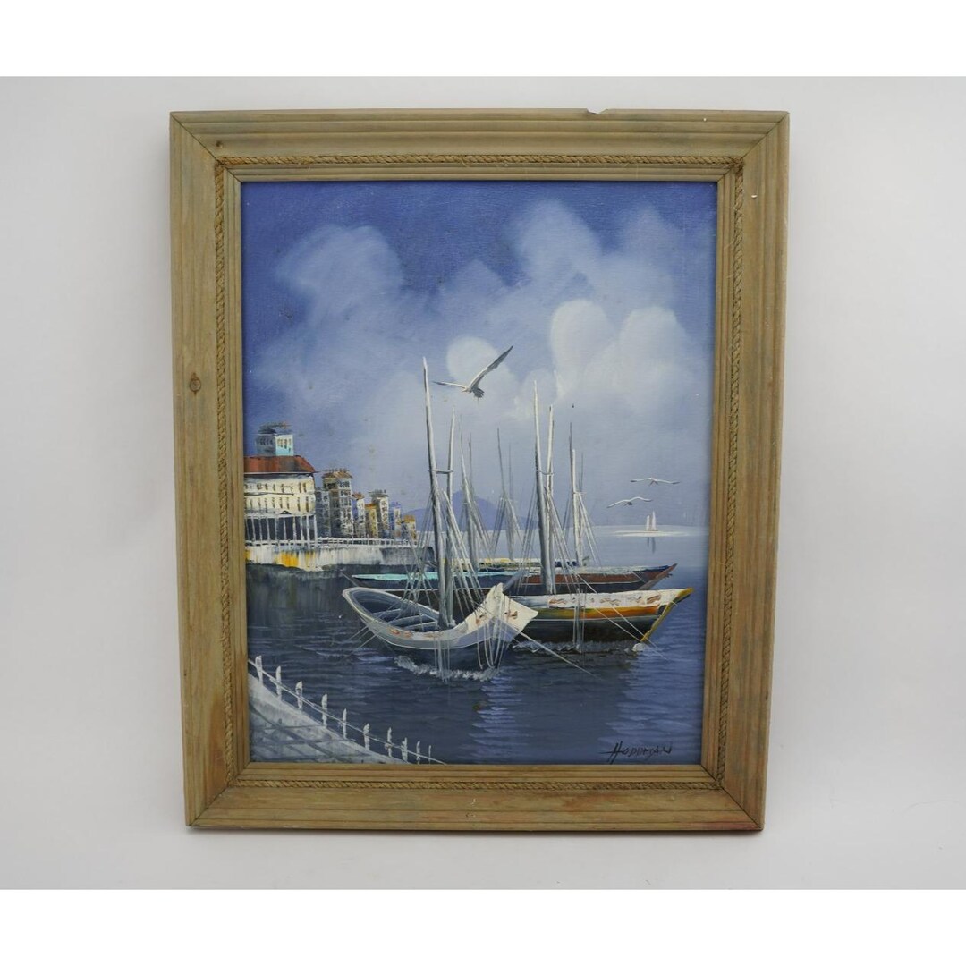 Vintage Nautical Oil Painting Signe by Hoddman, Harbor Scene Sailboats ...