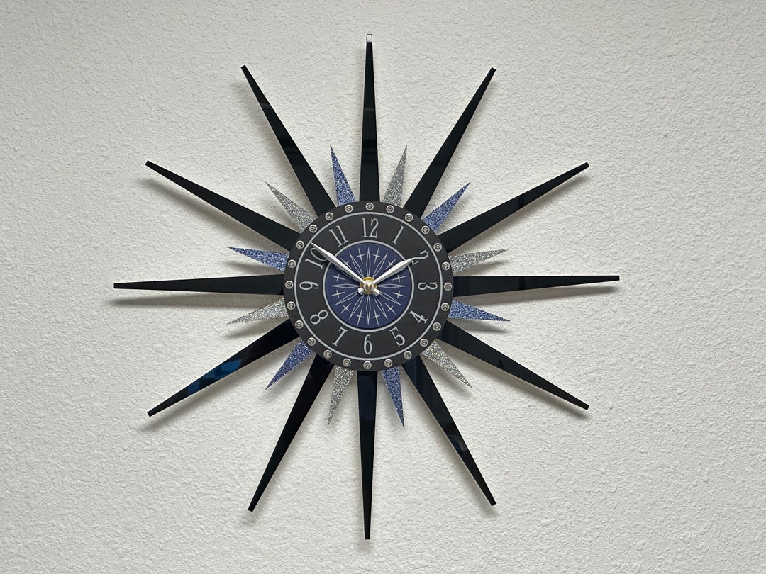 Mid-century Modern Starburst Clock, Black & Blue Acrylic, Glitter ...