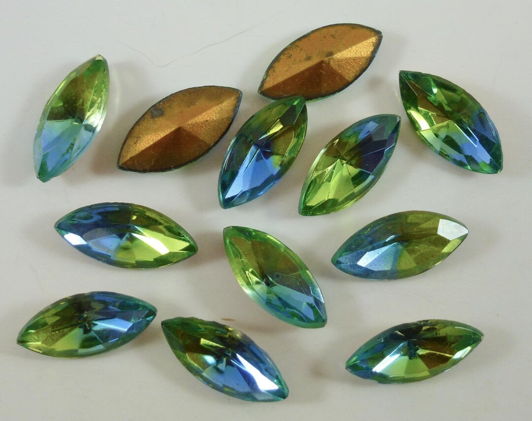 12 Vintage 2-tone Green Blue 2-tone Navette, 15x7mm Glass Rhinestones ...