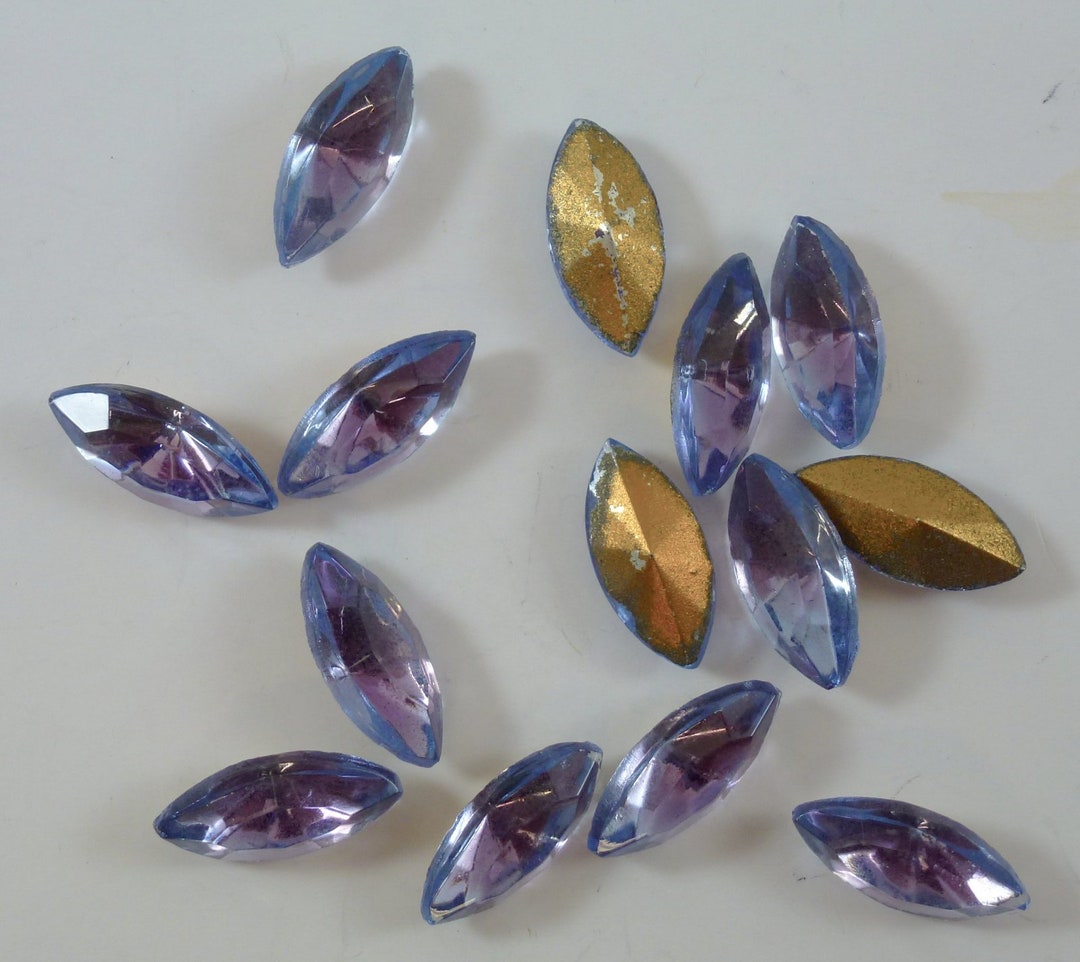 12 Navette 15x7mm Vintage Glass Rhinestones, 2-tone Blue Purple Bi ...