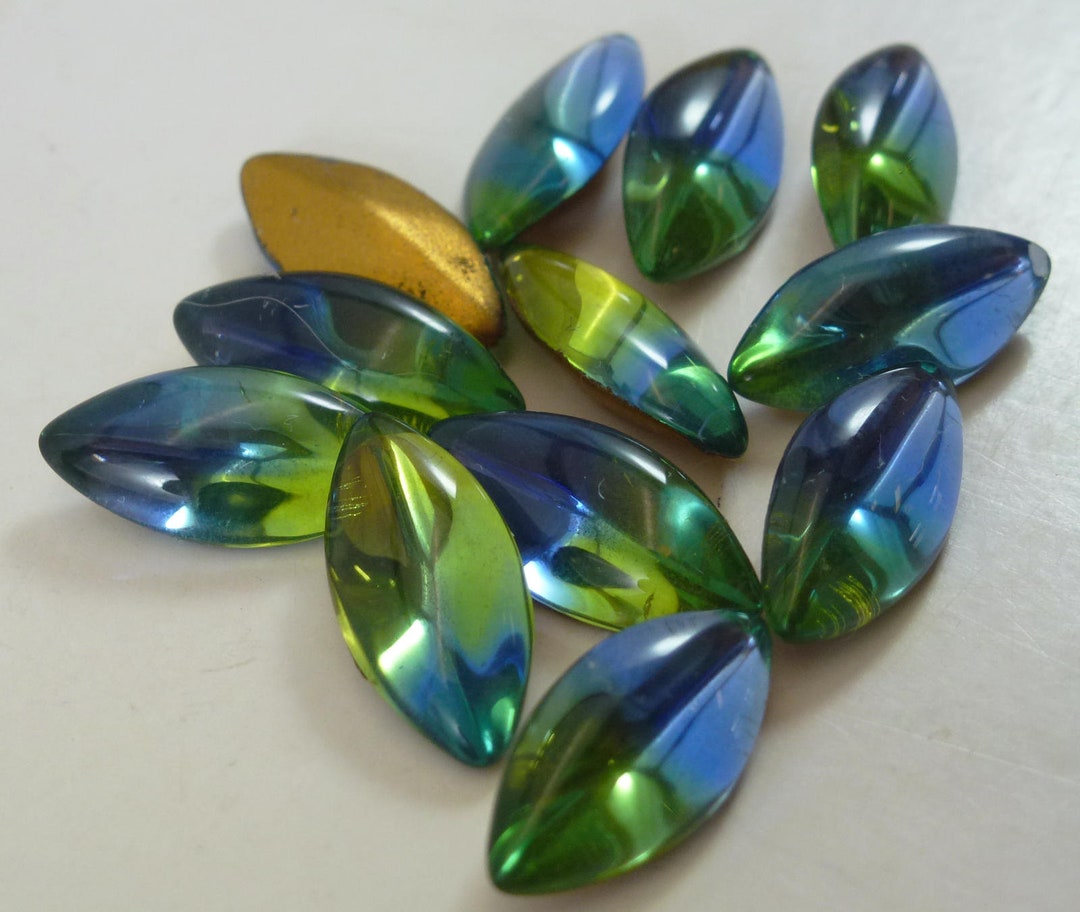 12 Vintage 2-tone Blue Green Bi-color Navette, 15x7mm Glass Rhinestones ...