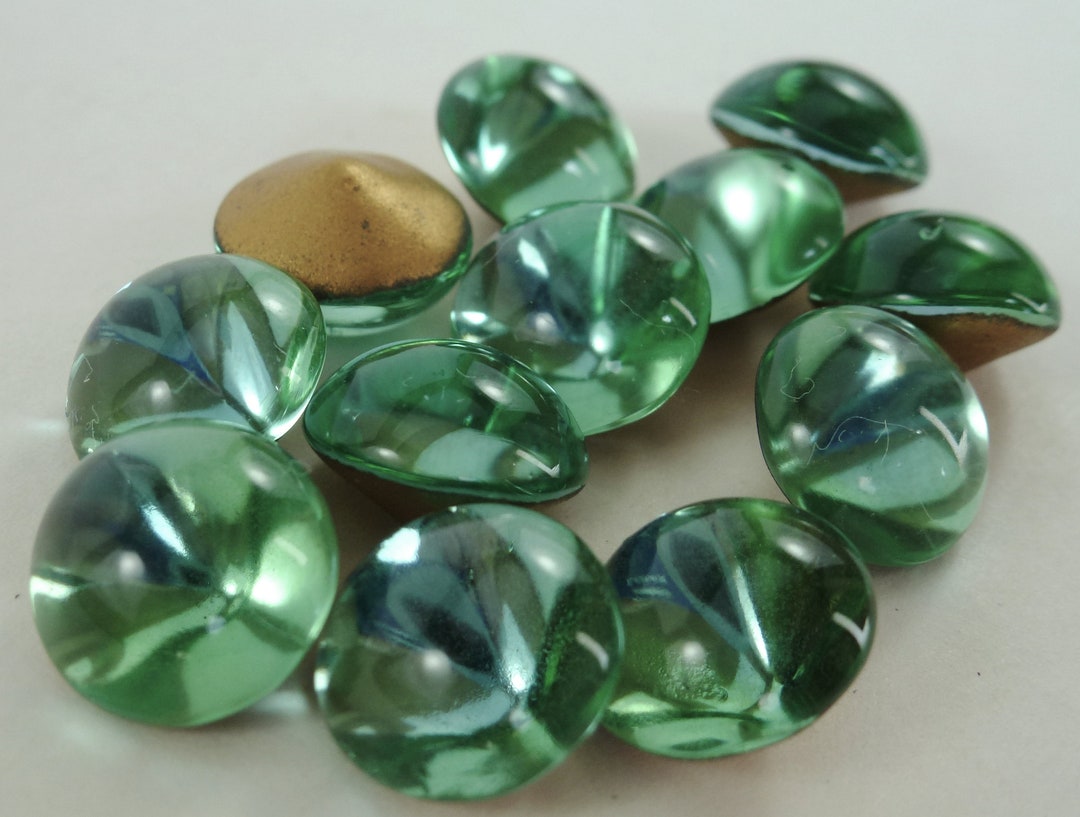 6 Vintage Glass Rhinestones, 15mm Round, Clear Green, Dome Top, Foiled ...