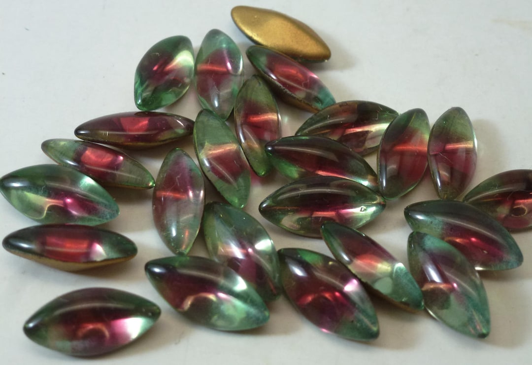 24 Vintage Glass Rhinestones Navette 2-tone Red Green Bi-color, 15x7mm ...