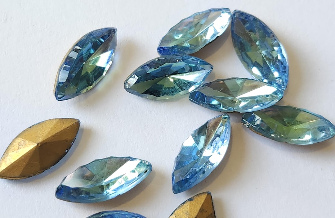12 Vintage Navette 15x7mm, Glass Rhinestones 2-tone Blue Green Bi-color ...