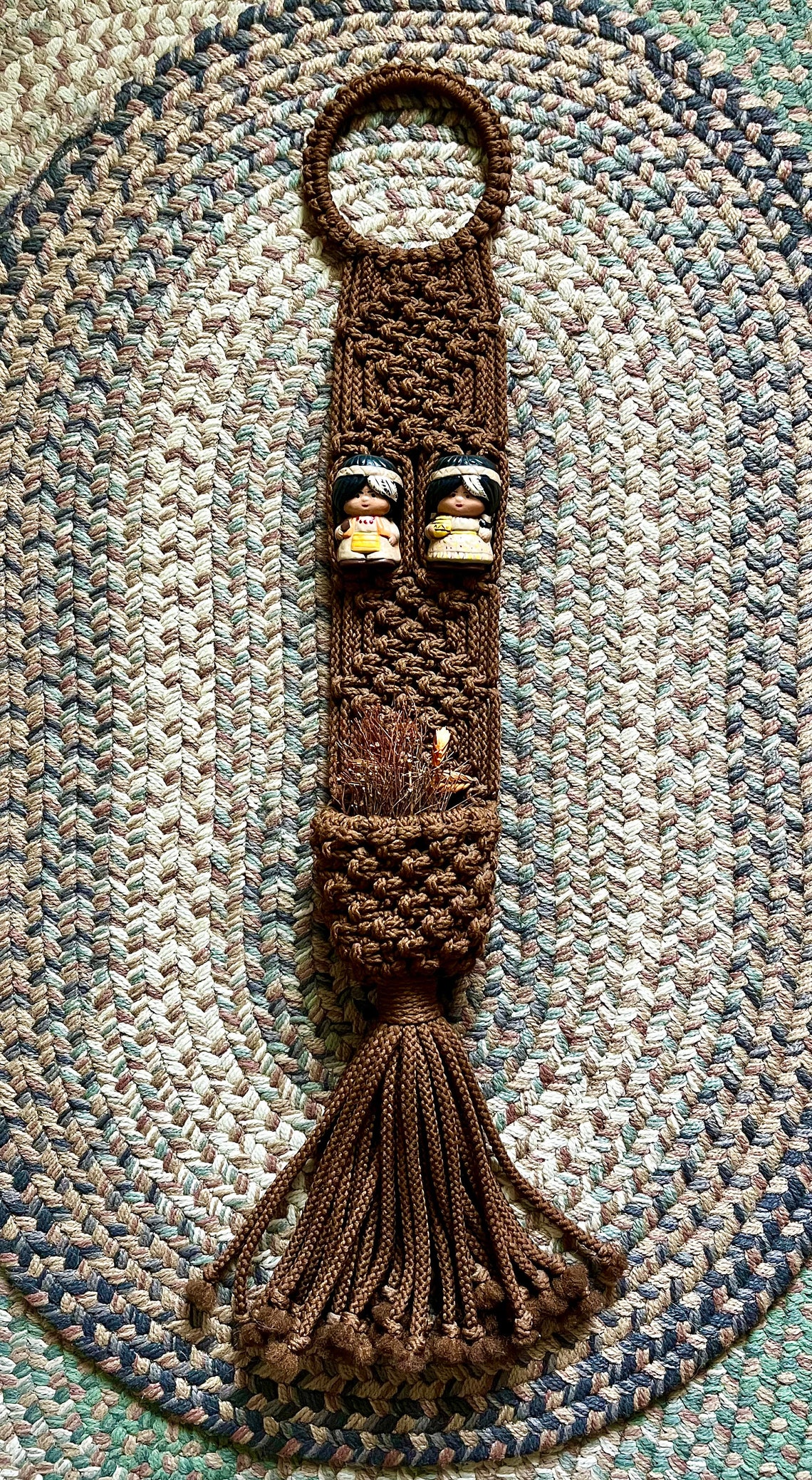 Vintage Brown Macrame Indian Ceramic Beads W/pocket Fall Wall Hanging ...