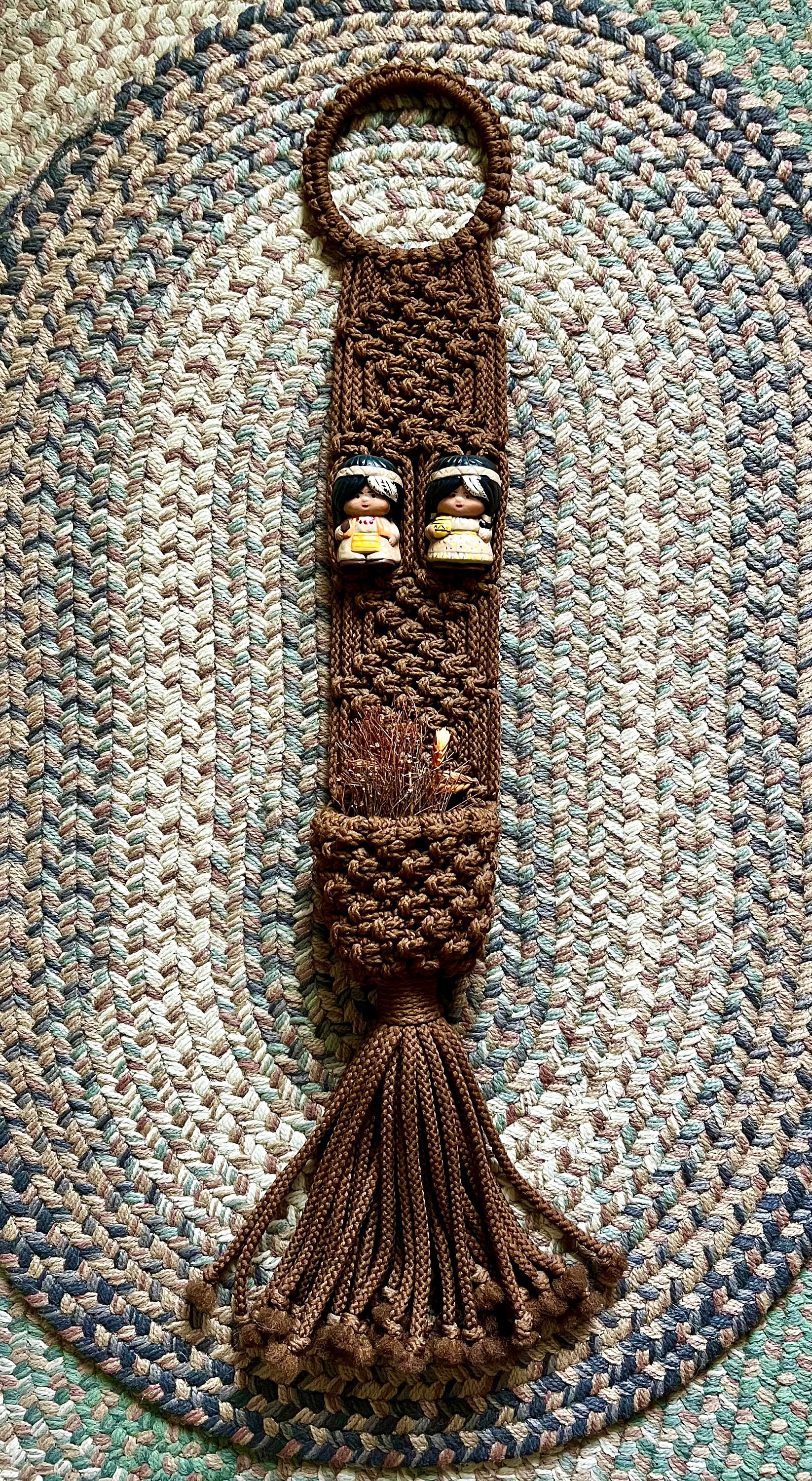 Vintage Brown Macrame Indian Ceramic Beads W/pocket Fall Wall Hanging ...
