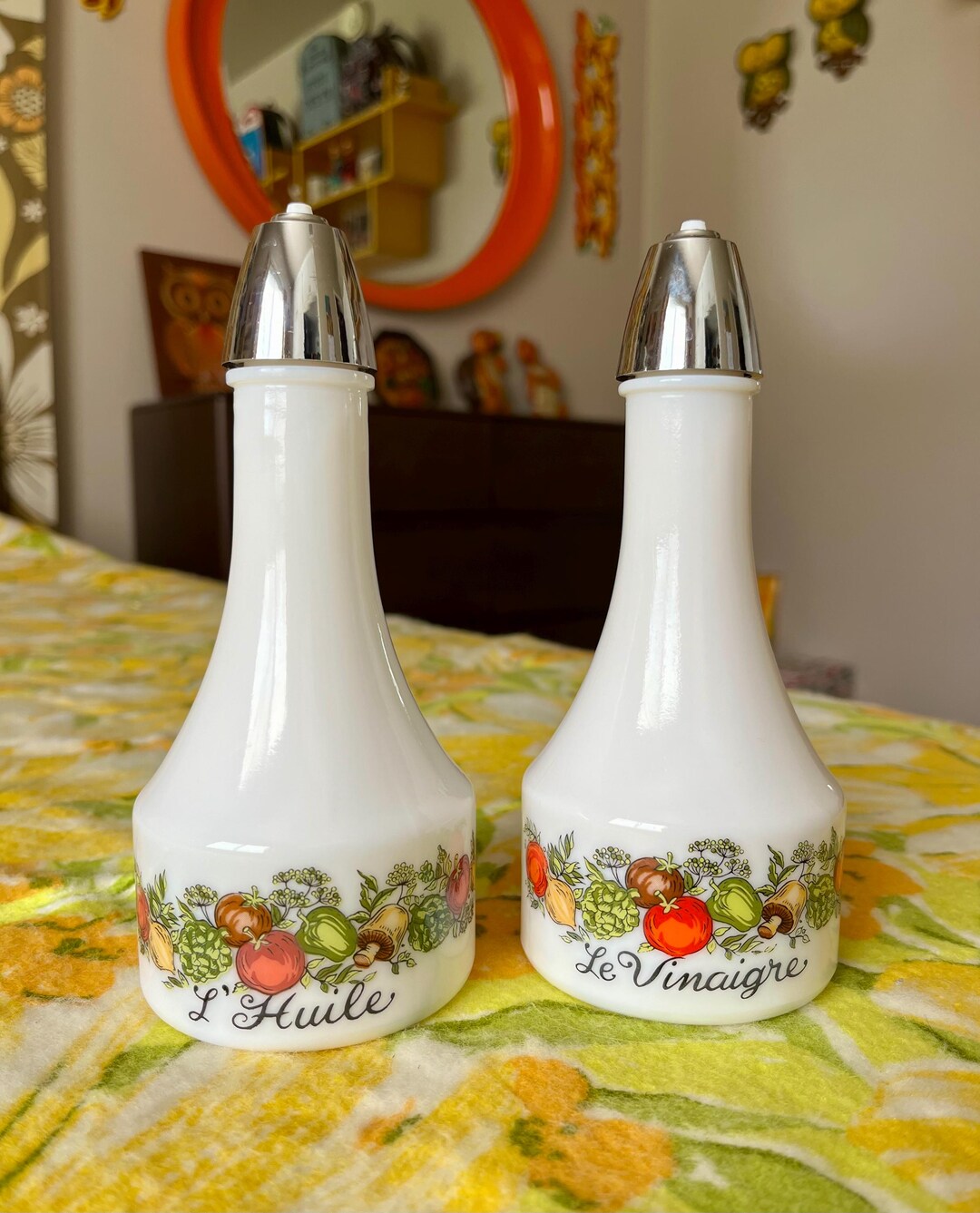 Vintage 70s Gemco Spice of Life Milk Glass Oil and Vinegar Bottle ...