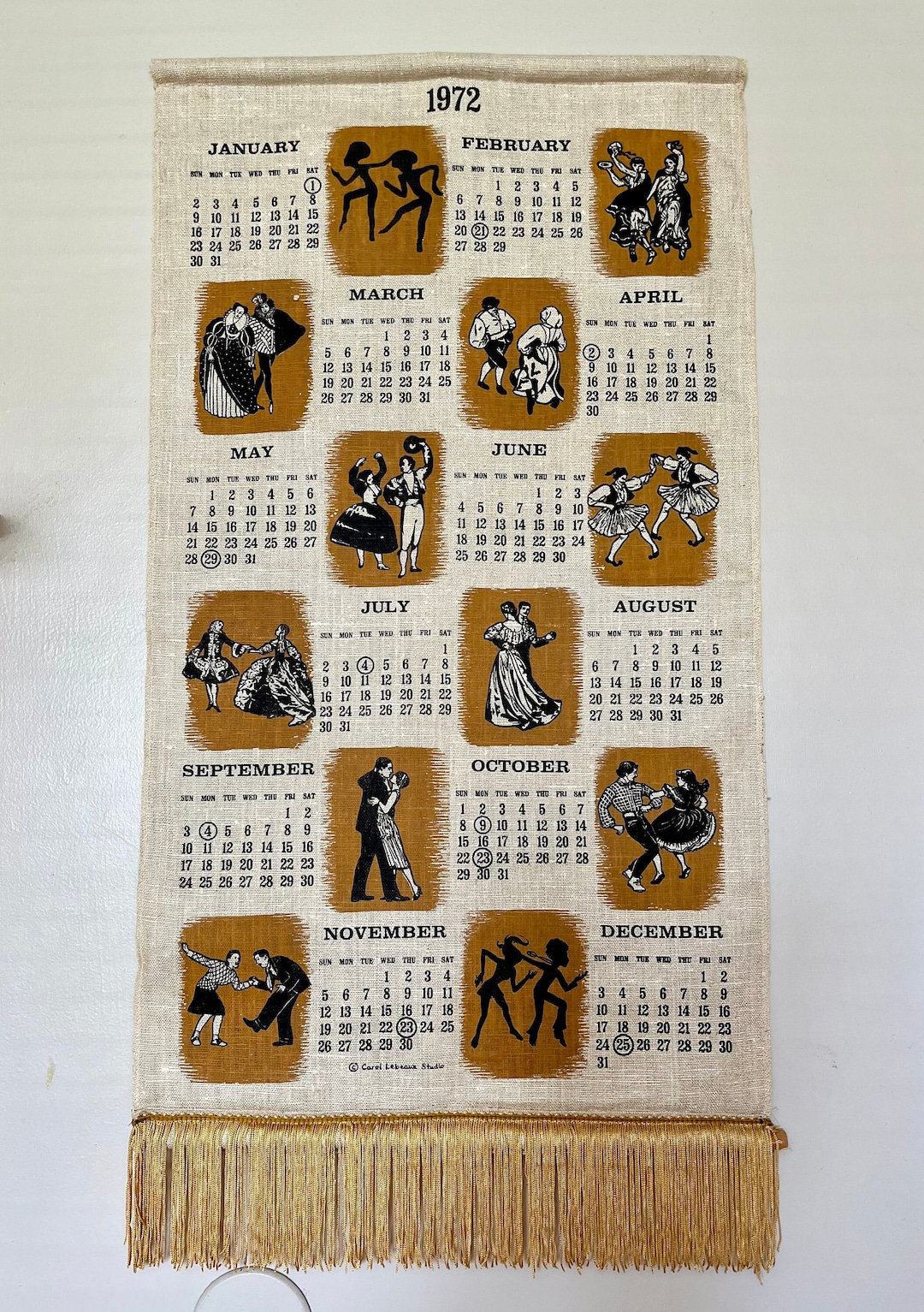 Vintage 70s Carol Lebeaux Studio Burlap 1972 Calendar With Gold Fringe ...