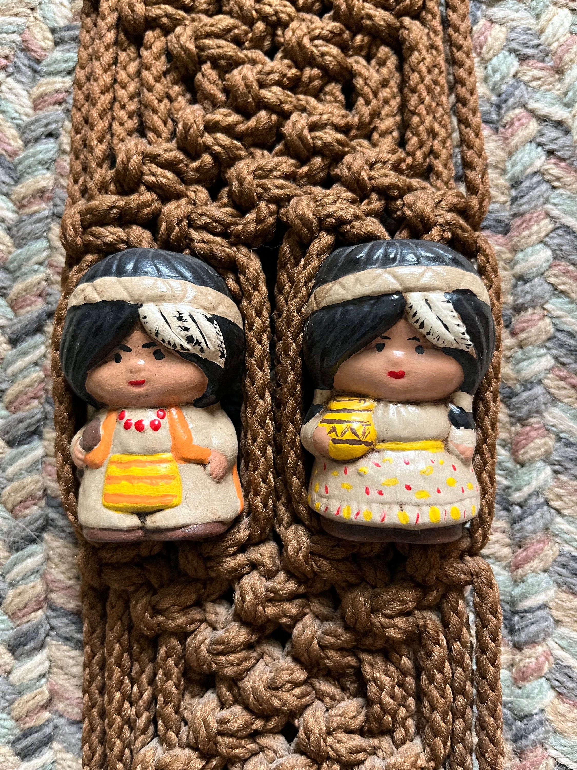 Vintage Brown Macrame Indian Ceramic Beads W/pocket Fall Wall Hanging ...