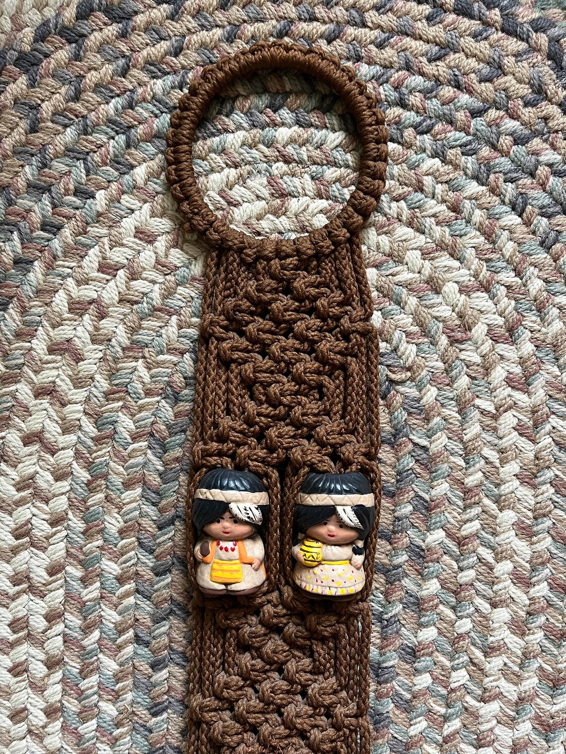 Vintage Brown Macrame Indian Ceramic Beads W/pocket Fall Wall Hanging ...