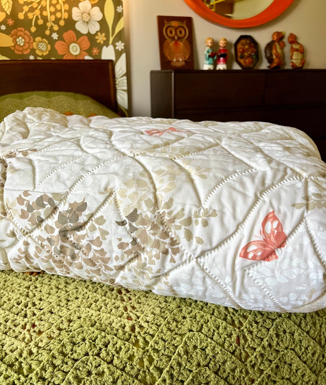 Vintage Sears Roebuck Butterfly Leaves Full Quilted Bedspread Comforter ...