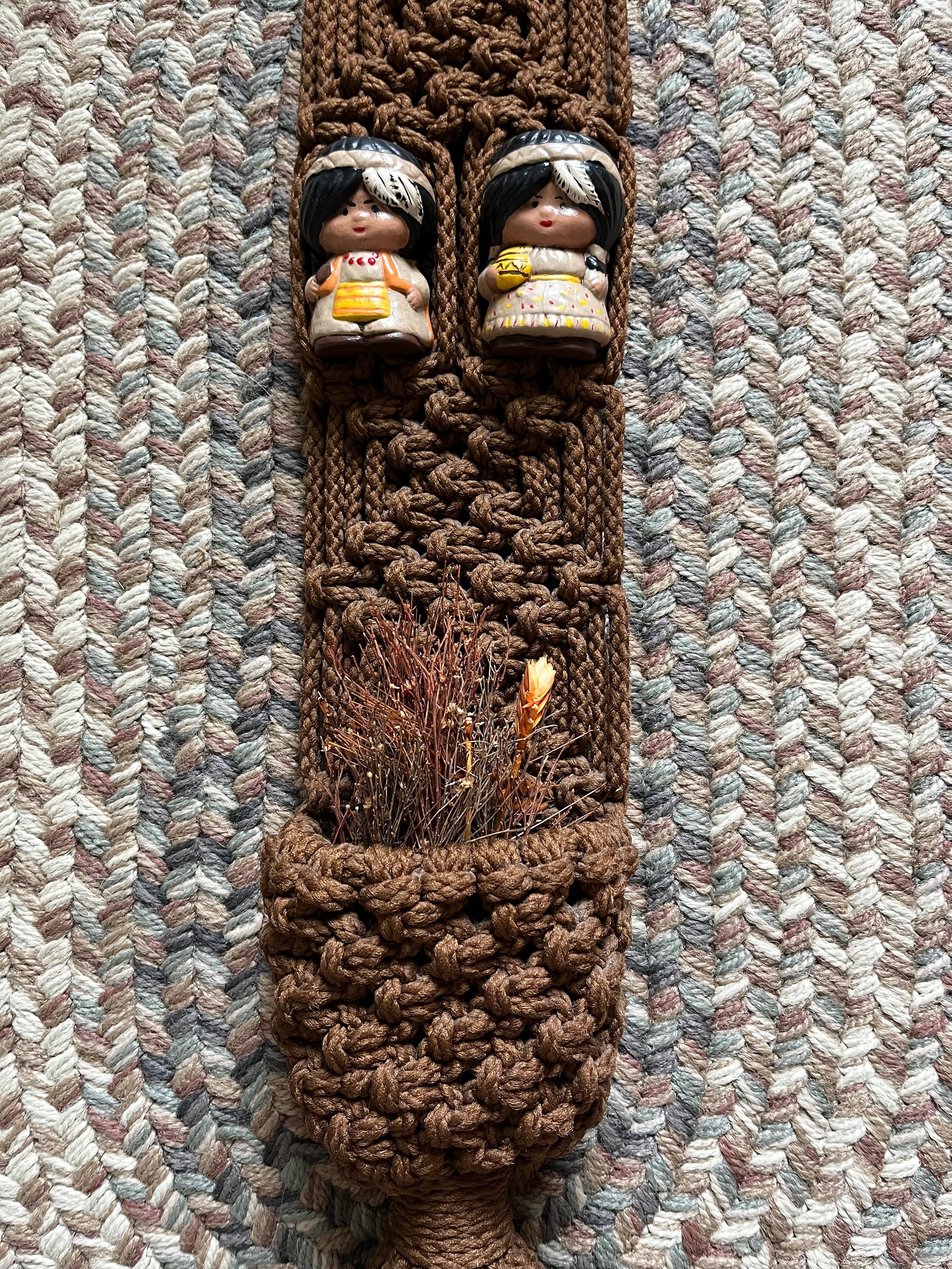 Vintage Brown Macrame Indian Ceramic Beads W/pocket Fall Wall Hanging ...