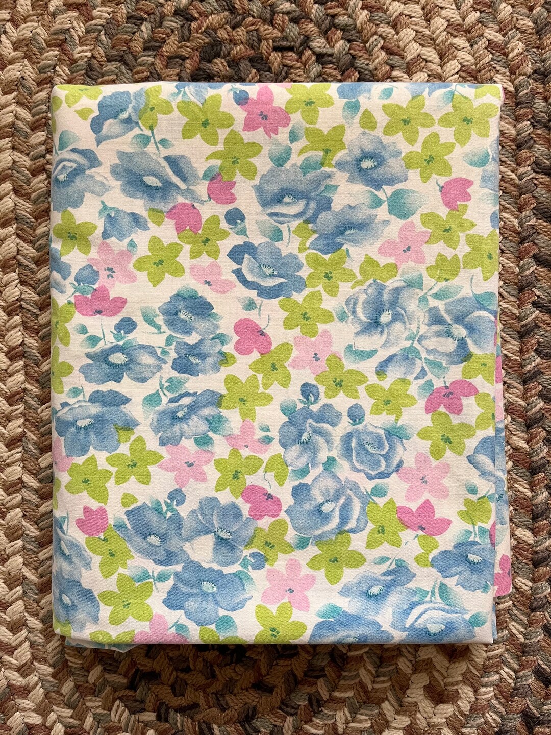 Vintage 70s Retro Cannon Blue Green Pink Flower Full Flat Sheet Fabric ...