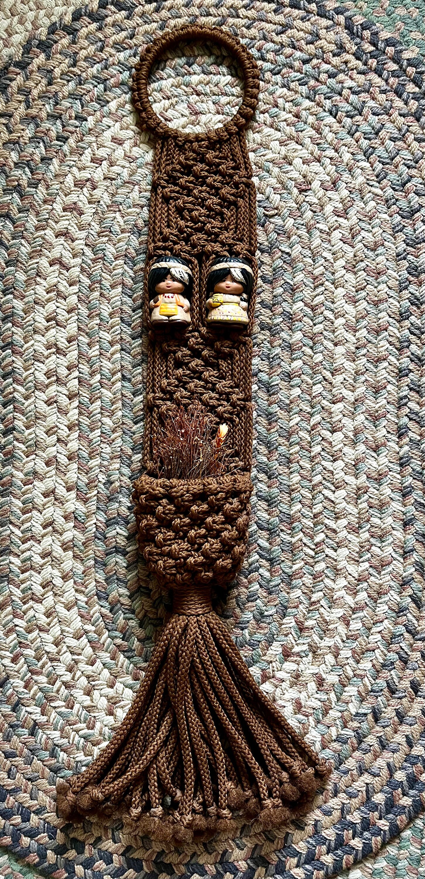 Vintage Brown Macrame Indian Ceramic Beads W/pocket Fall Wall Hanging ...