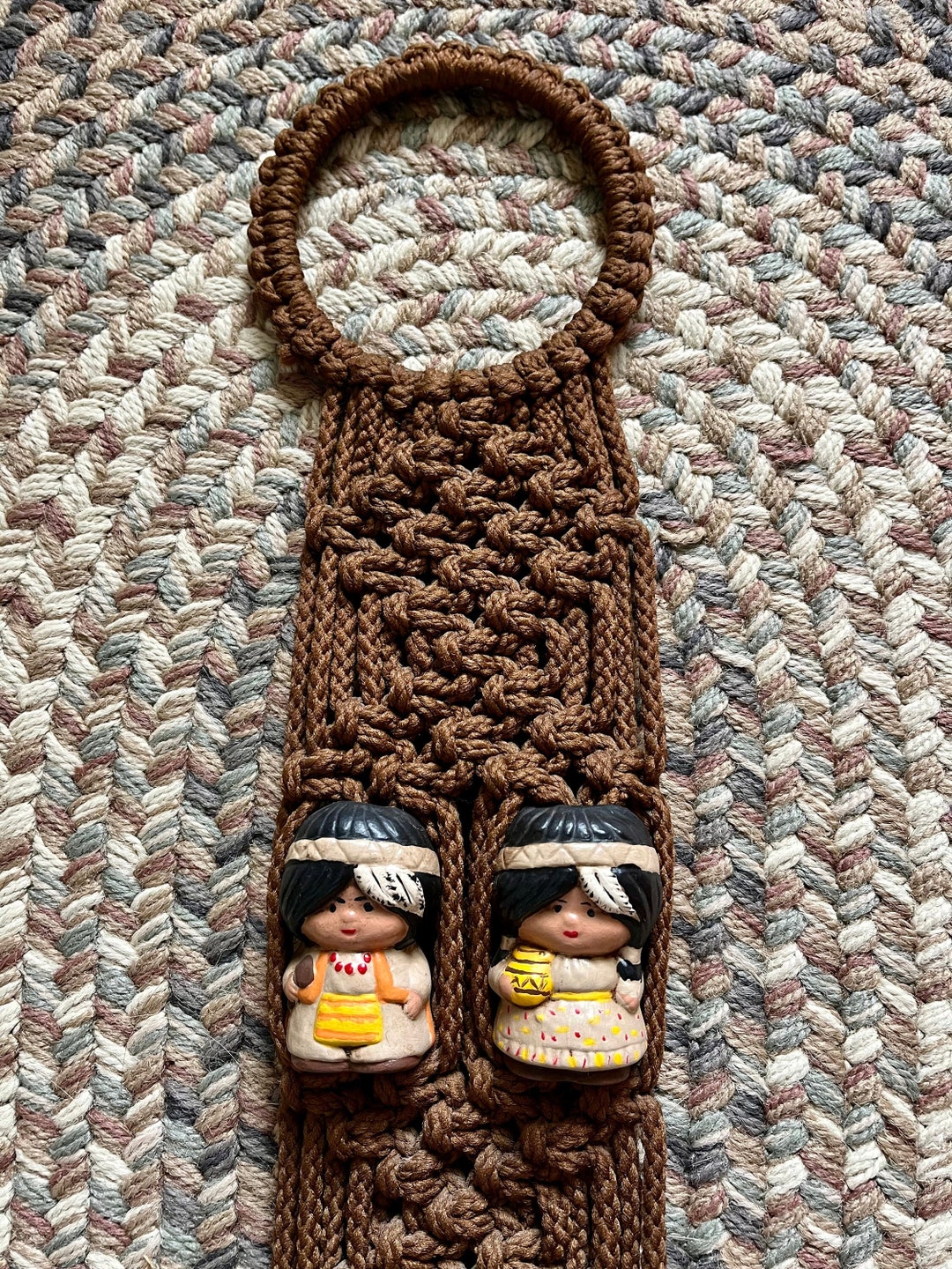 Vintage Brown Macrame Indian Ceramic Beads W/pocket Fall Wall Hanging ...