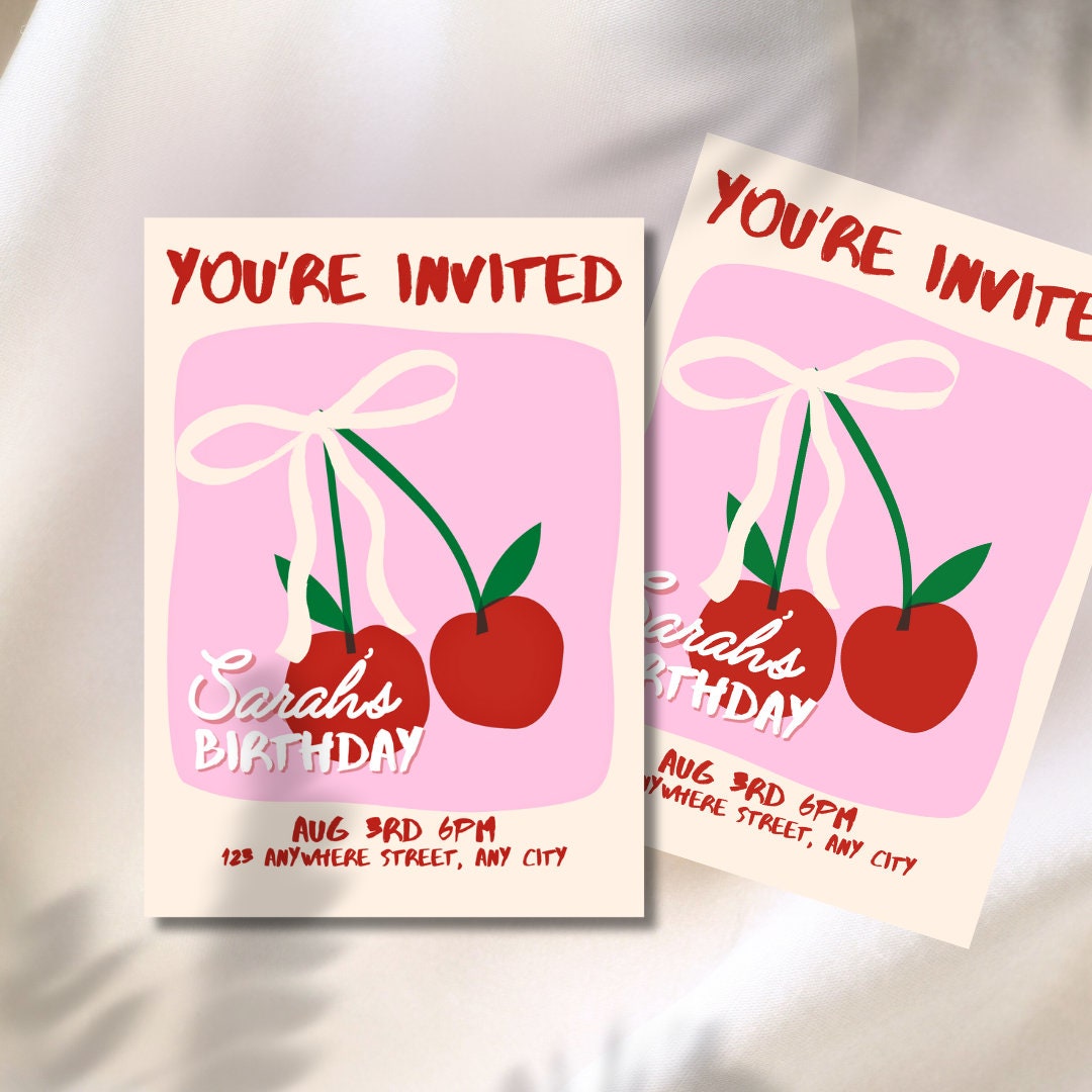 Cherry Birthday Invitation Bow Teen Girl Pink Bday Invite, Custom ...