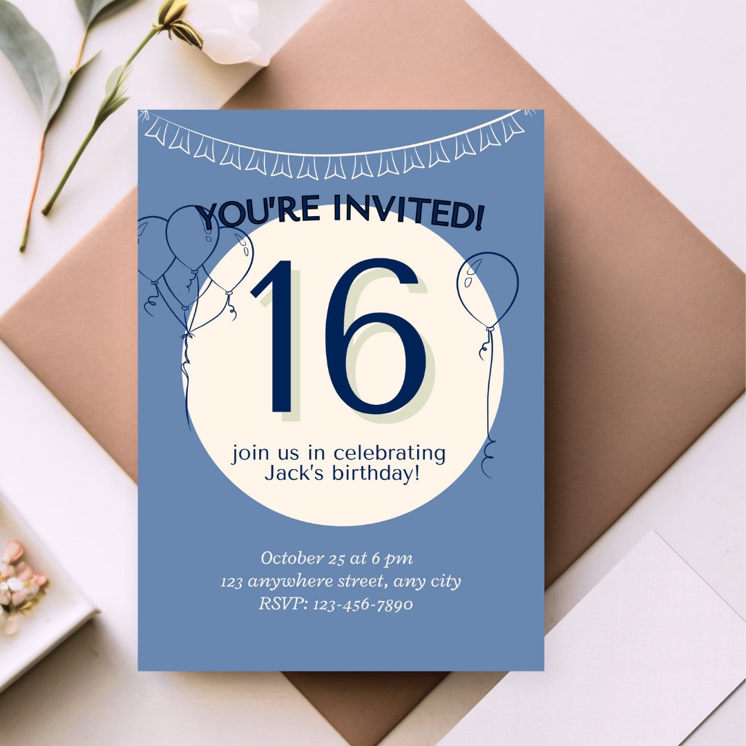 16th Birthday Invitation Template Party Modern Simple Customizable 16 ...