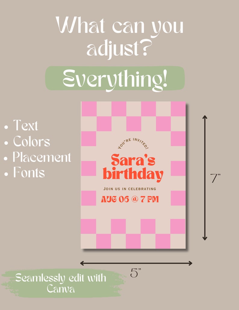 Girl Birthday Invitation Template Party Simple Customizable Checker ...