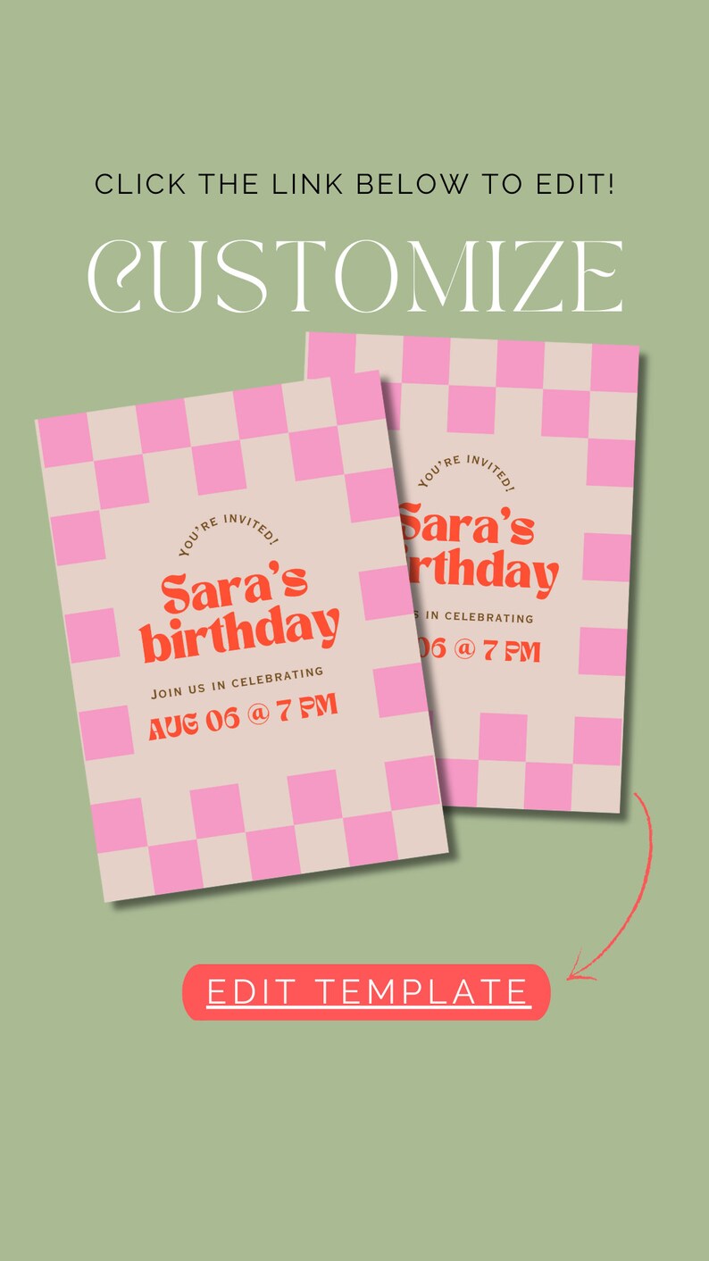 Girl Birthday Invitation Template Party Simple Customizable Checker ...