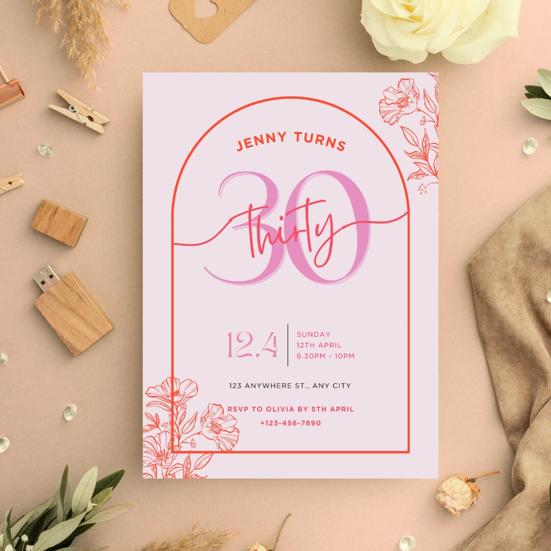 30th Birthday Invitation, Cute Floral Trendy Invite for 30th Bday Party ...