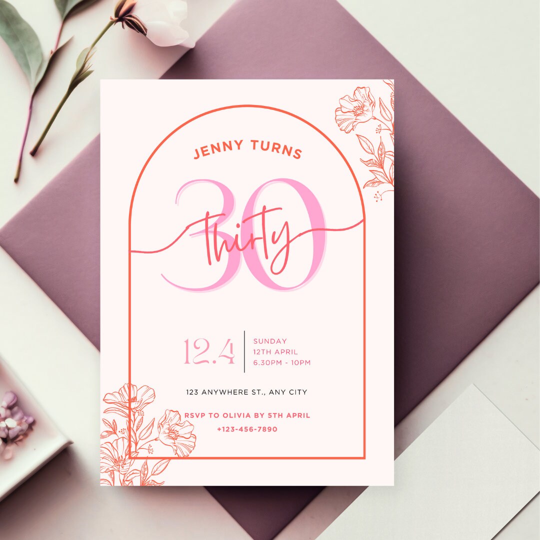 30th Birthday Invitation, Cute Floral Trendy Invite for 30th Bday Party ...