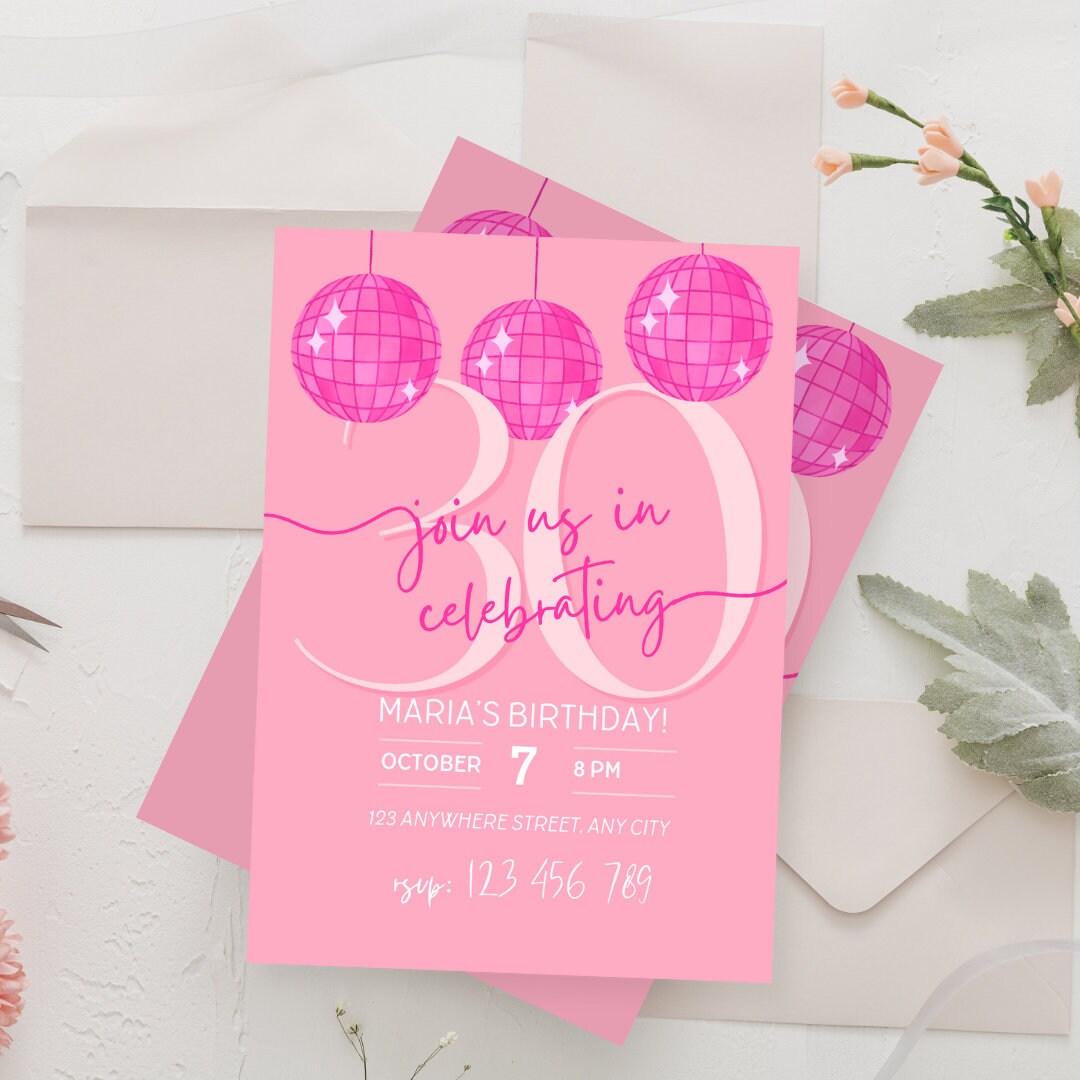 30th Birthday Invitation, Cute Hot Pink Disco Ball Trendy Invite for ...