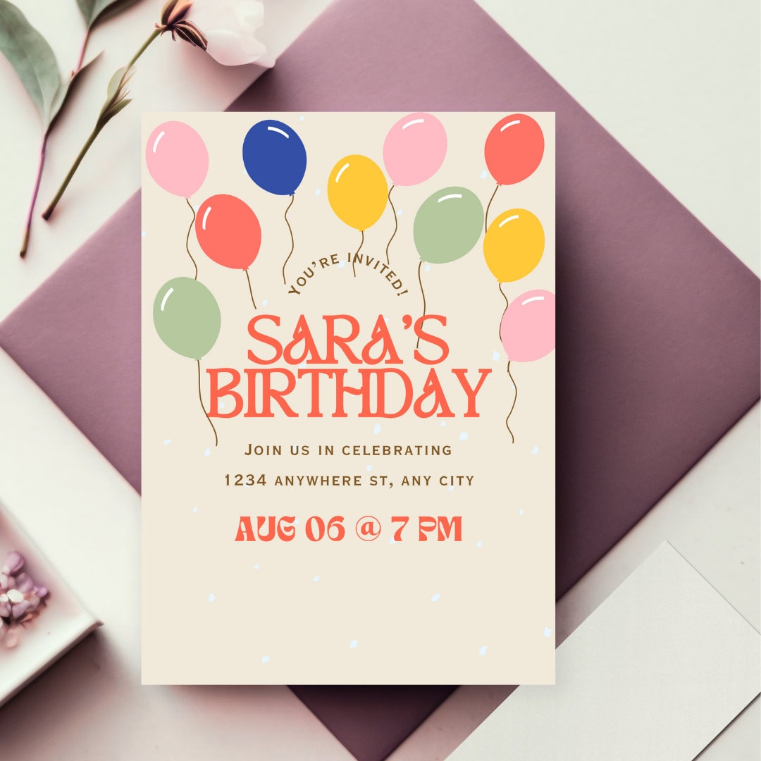 Simple Birthday Invitation Template Party Simple Customizable Balloon ...