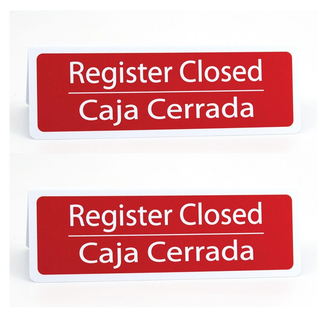 5pk Bilingual Register Closed Signs, Red W/ White Tent Style Signs ...