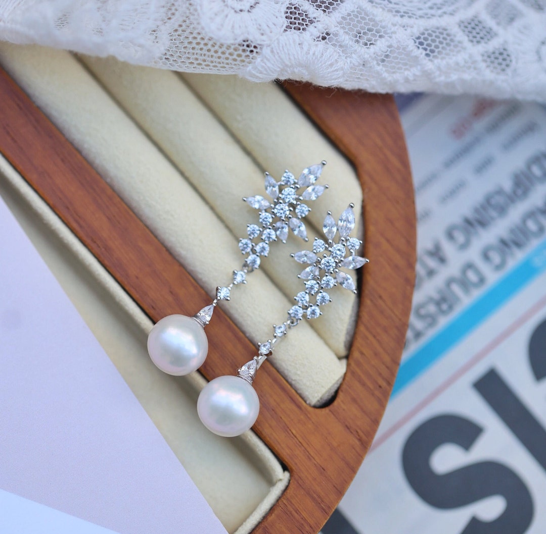 Stackable Diamond Pearl Drop Earrings, Sterling Silver 925 Wedding ...