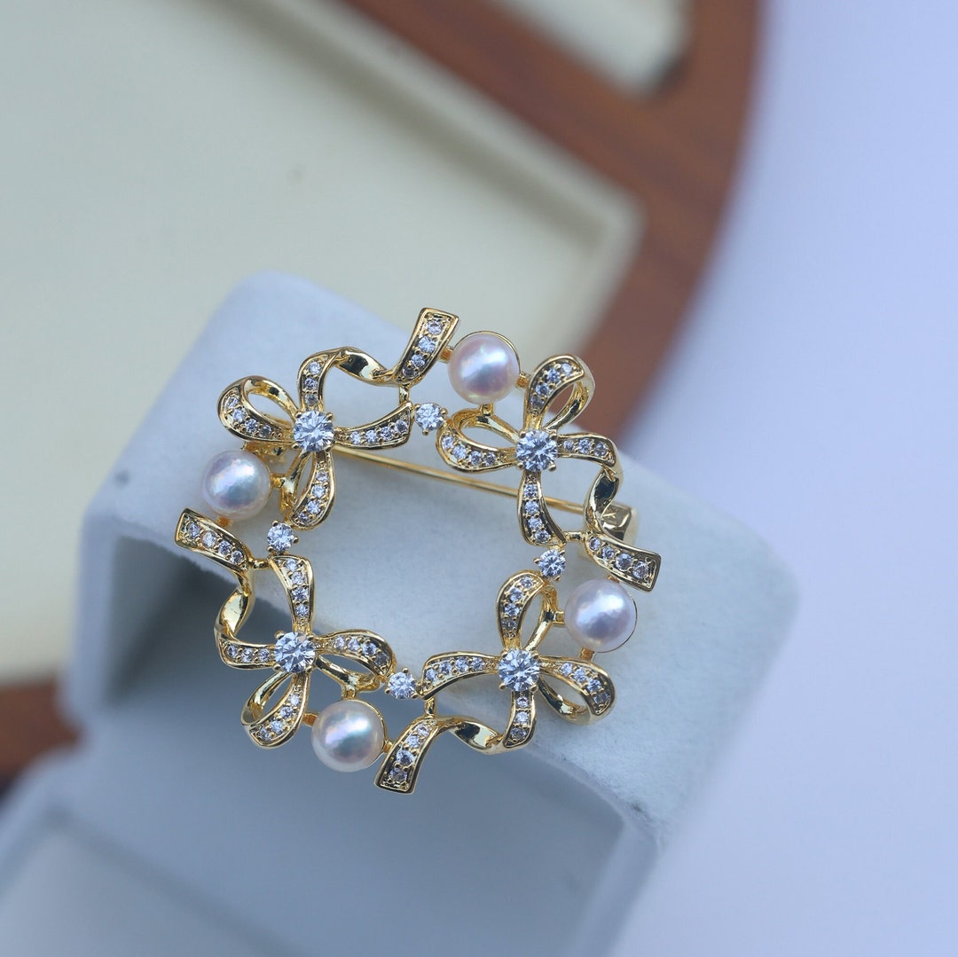 Circle Japanese Akoya Pearl Broochribbon/bow Brooch Gold Plated,brooch ...