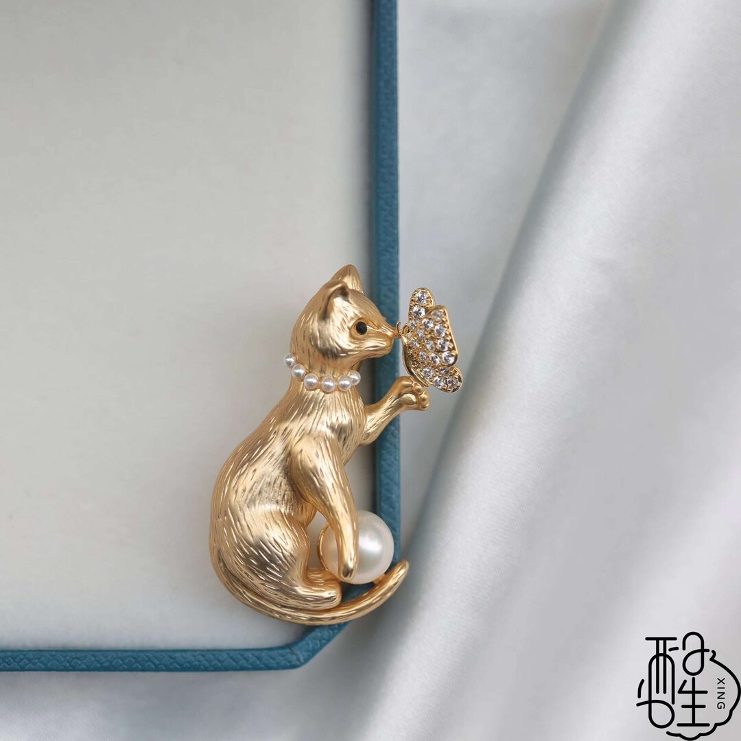 Cute Cat Pearl Brooch,kawaii Cat Brooch With Butterfly,cat Lover Gift,cat Brooch Jewelry,gift ...