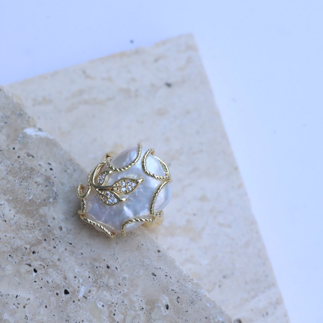 Handmade Floral Baroque Pearl Rings, Large Baroque Pearl & Keshi Pearl ...