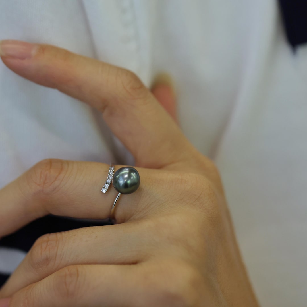 Minimalist Black Pearl Open Ring | 9-10mm Tahitian Pearl in S925 Silver ...