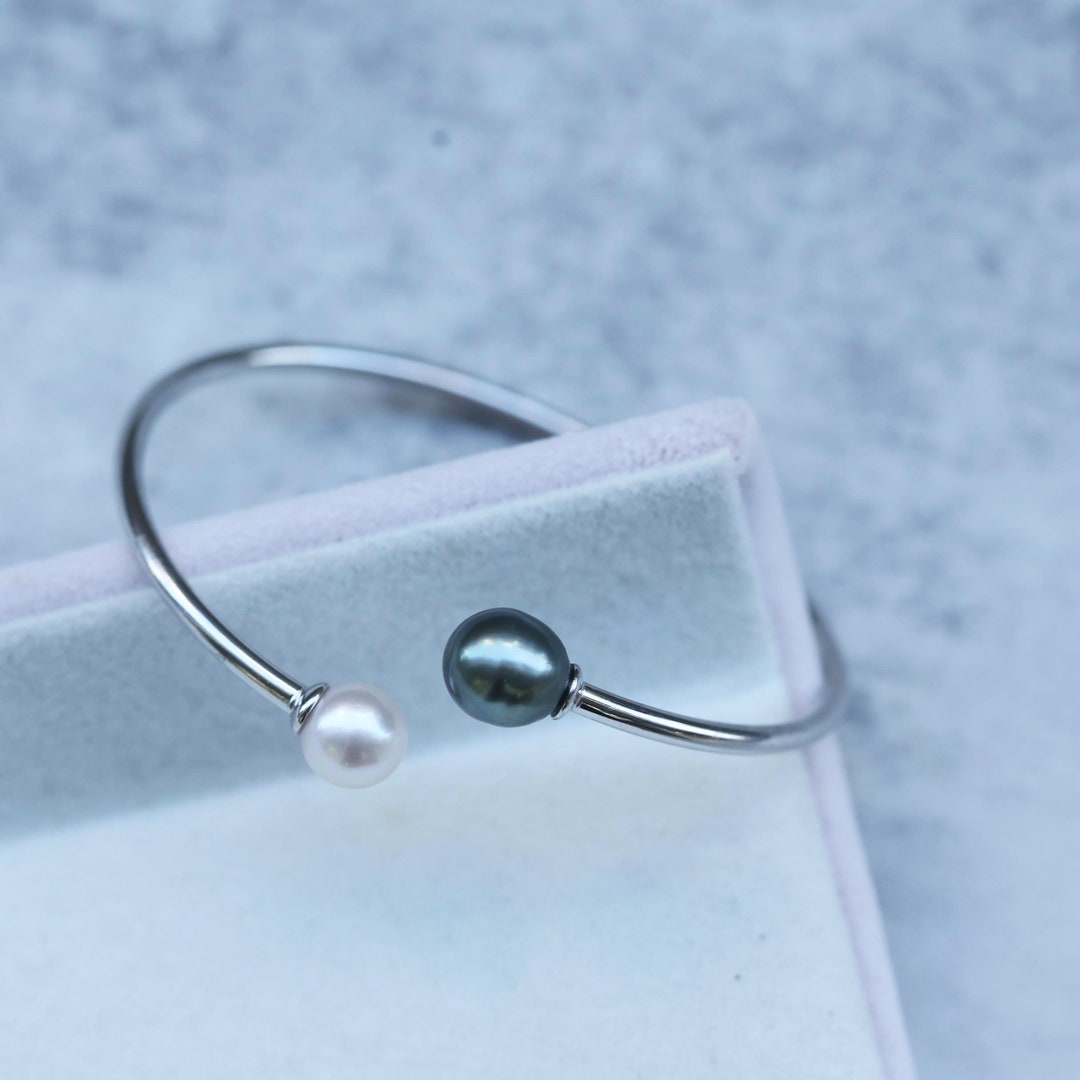 Double Pearl Bangle,tahitian Pearls and Japanese Akoya Pearl,sterling ...