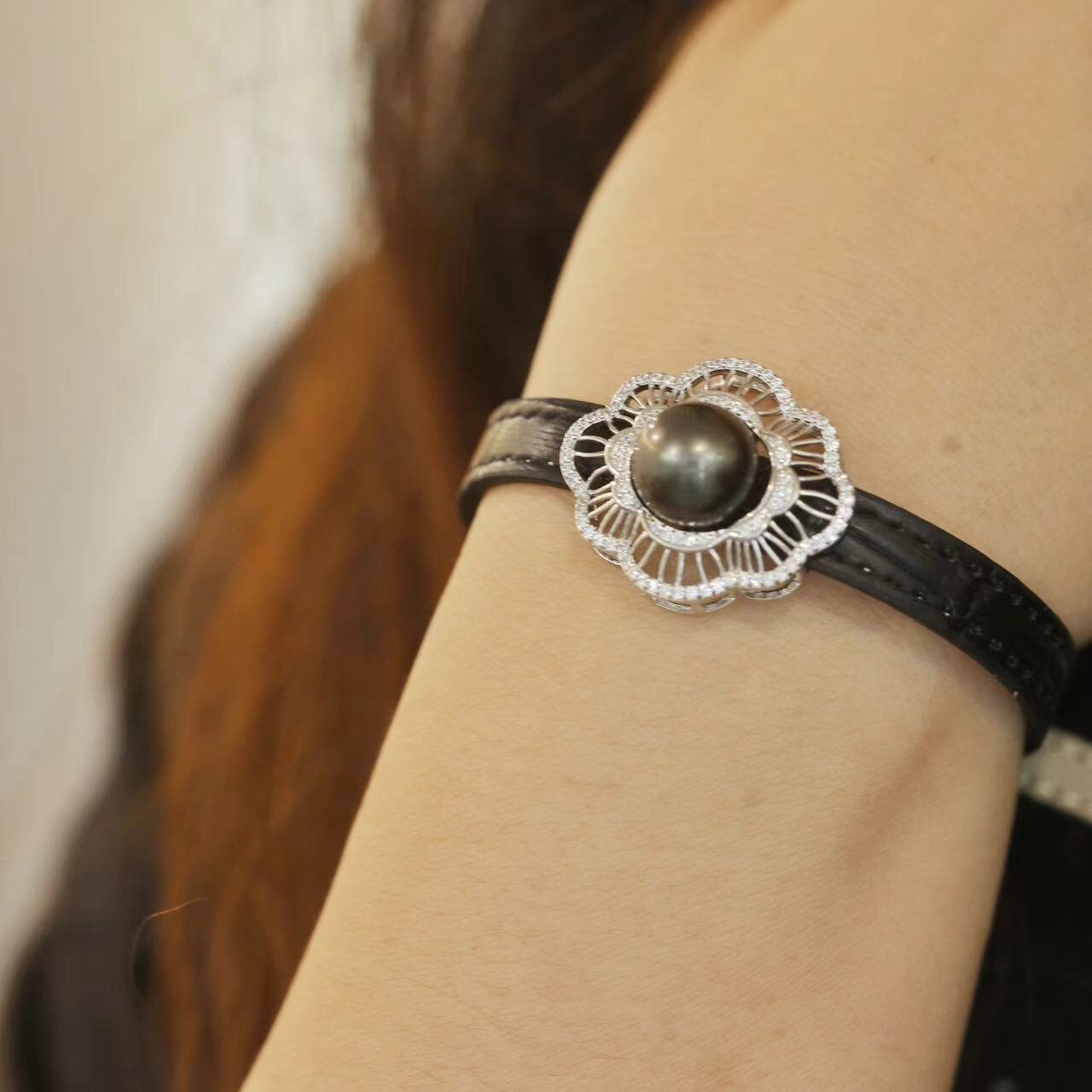 Black Watch Strap With Tahitian Pearl, Elegant Black Pearl Bracelet ...