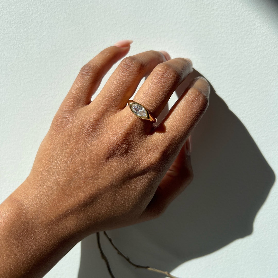 18k Gold Plated Signet Ring, Marquise Stone Signet Ring, Signet Ring ...