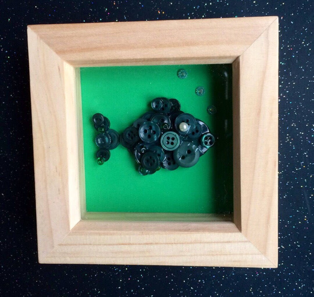 Fish Button Art Picture in Green. Framed in Pine. Small. 4.5x4.5 - Etsy