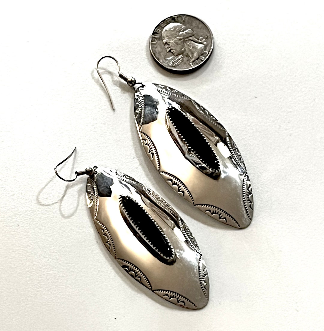 Signed-randy Hoskie,navajo Vntg High Polish Sterling Silver Onyx Dangle ...