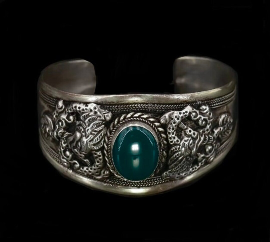 Vintage Chinese 1940s Sterling Silver Dragon Repousse Cuff W/green ...