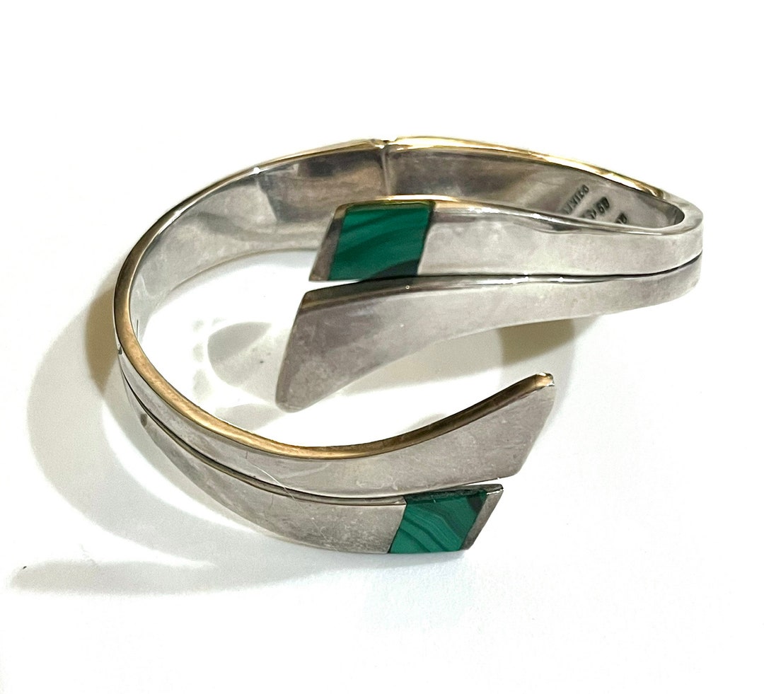 Taxco Vintage Malachite Inlay Sterling Silver Snap Hinge Bracelet - Etsy